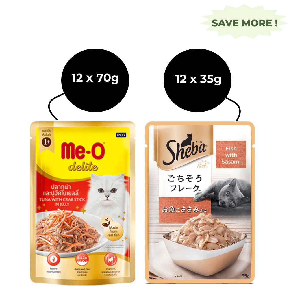 Me O Delite Tuna with Crab Sticks in Jelly and Sheba Fish with Sasami